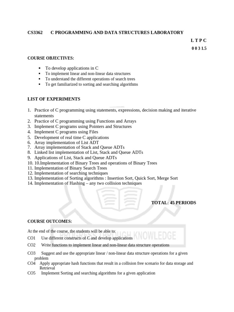 Cs3362 C Programming and Data Structures Laboratory LTPC | PDF
