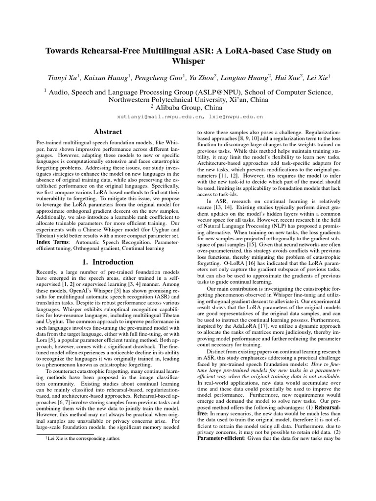 Towards Rehearsal-Free Multilingual ASR - A LoRA-based Case Study On Whisper | PDF | Speech ...