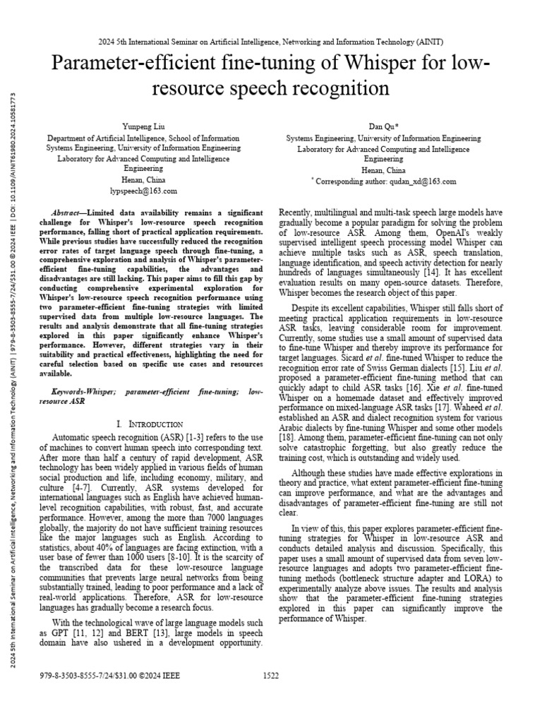 Parameter-Efficient Fine-Tuning of Whisper For Low-Resource Speech ... Parameter-Efficient Fine-Tuning of Whisper For Low-Resource Speech ...