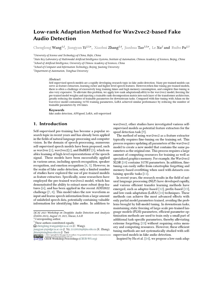 Low-Rank Adaptation Method For Wav2vec2-Based Fake Audio Detection | PDF | Cognitive Science ...