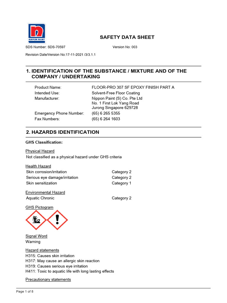 Floor Pro 307 SF Epoxy Finish Part A SDS - 17.11.2021 | PDF