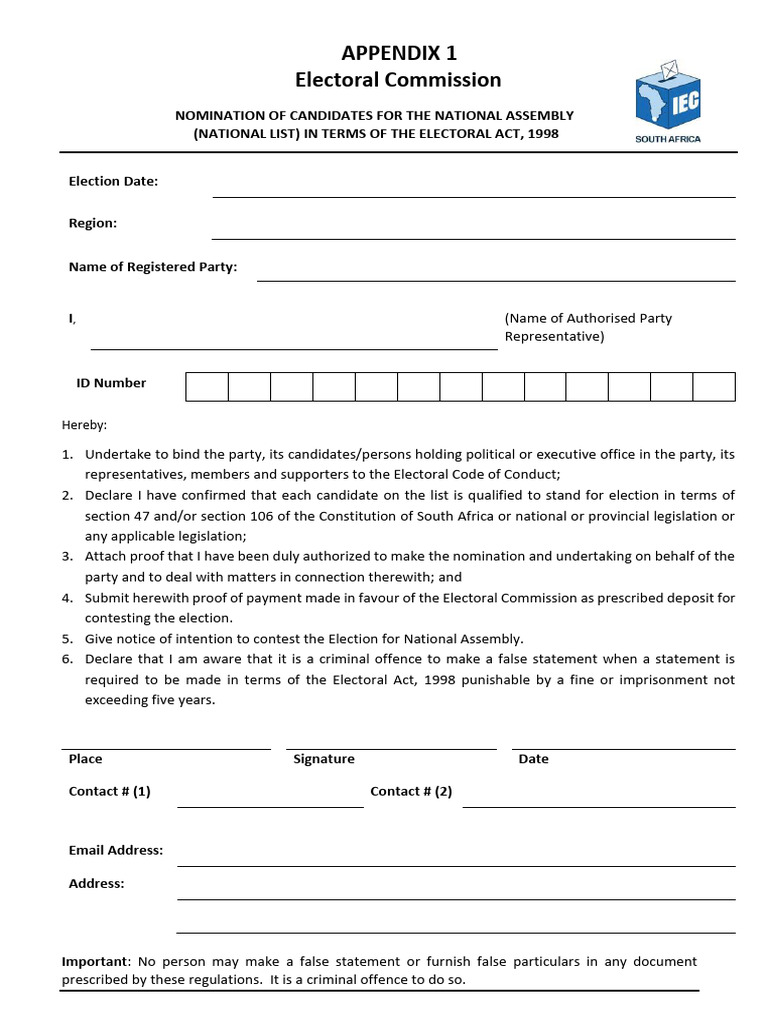 Appendix 1 - Nomination of Candidates For The National Assembly ...