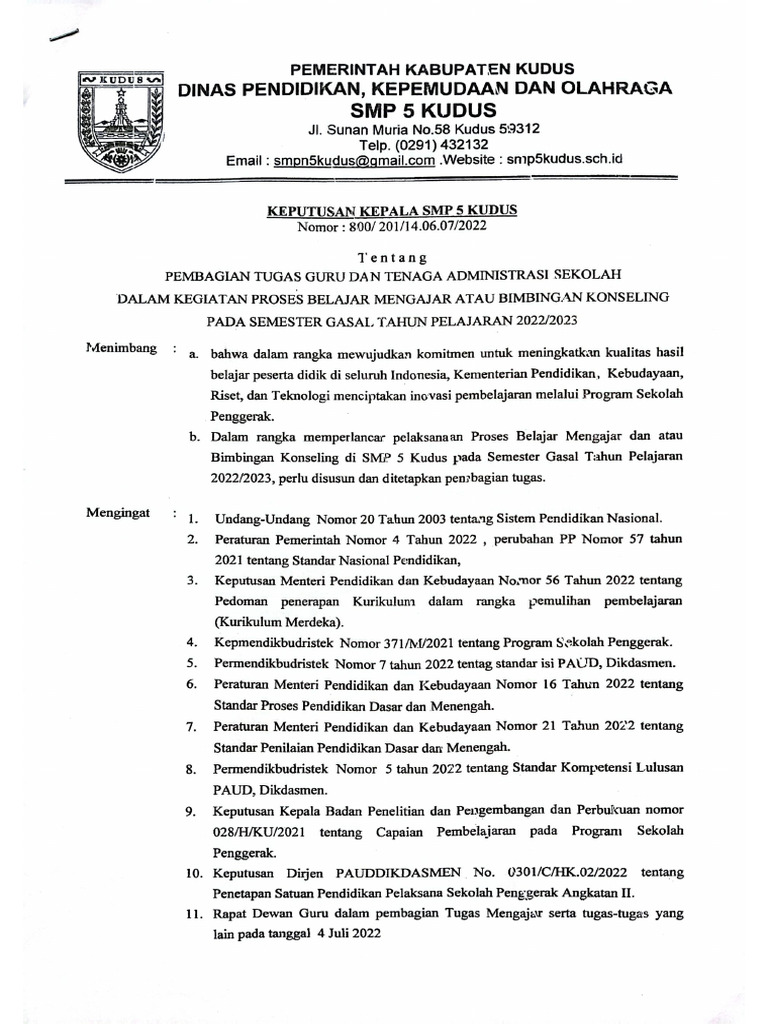 SK Tugas Mengajar SMP 5 Kudus TP 20222023 | PDF