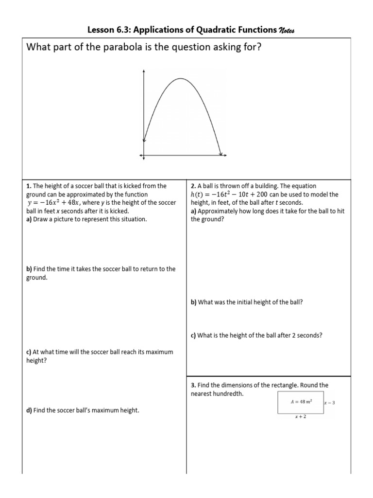 Lesson 6.3 Applications of Quadratics | PDF | Quadratic Equation