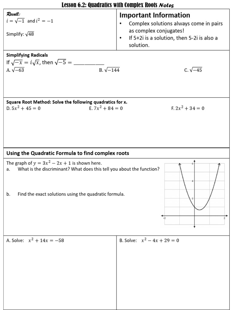Lesson 6.2 Quadratics With Complex Roots | PDF