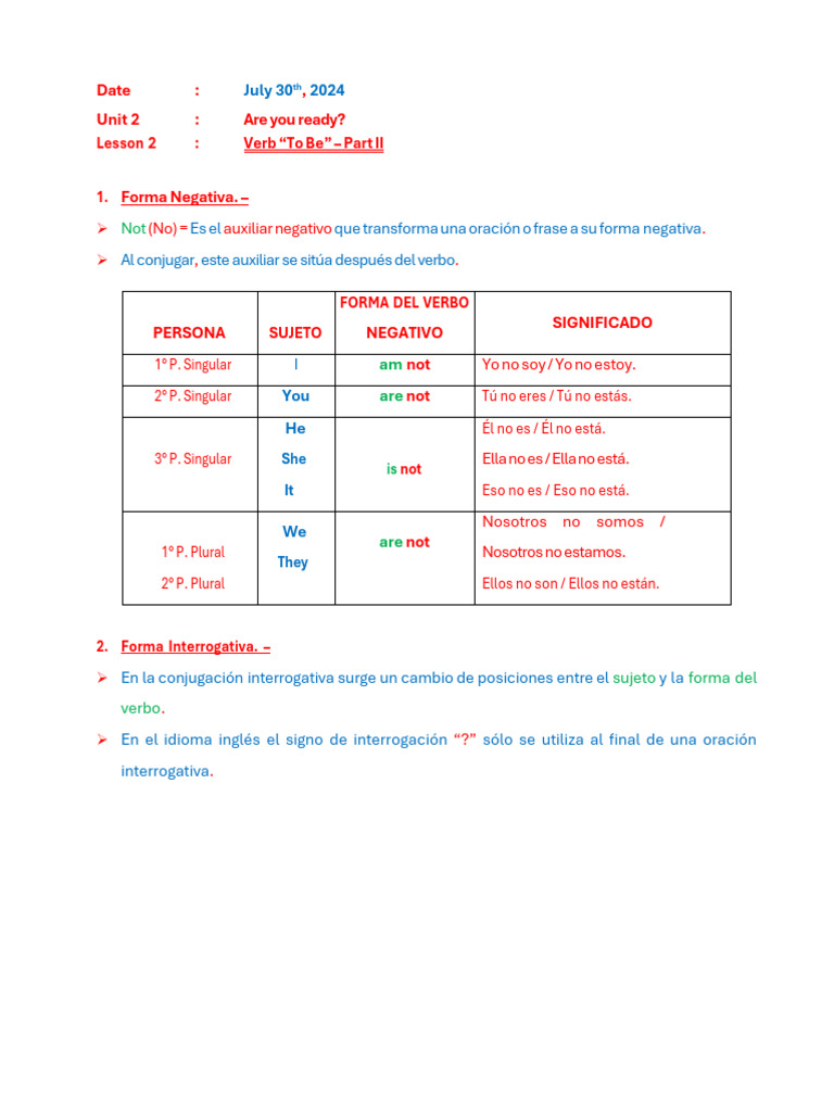Lesson 2 - Verb To Be Part Ii (Forma Negativa e Interrogativa) | PDF