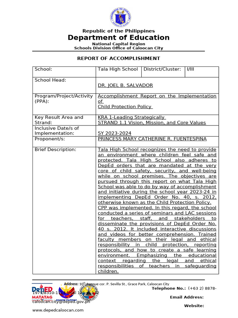 ACCOMPLISHMENT REPORT FORMAT - CPP-Certification-MOVs 2023-2024 | PDF | Teachers | Wellness