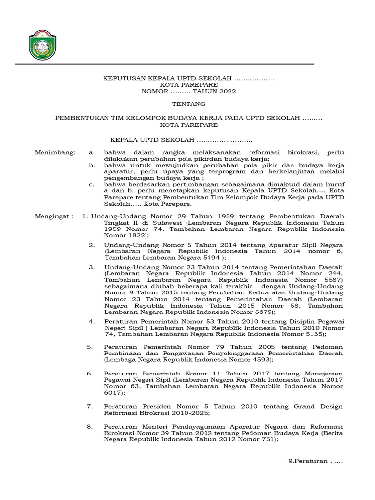 Contoh SK Tim Budaya Kerja Sekolah | PDF