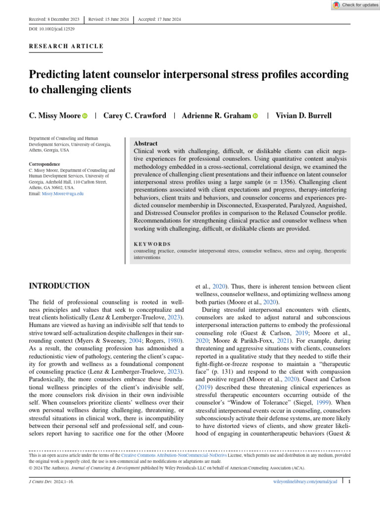 Predicting Latent Counselor Interpersonal Stress Profiles According | PDF