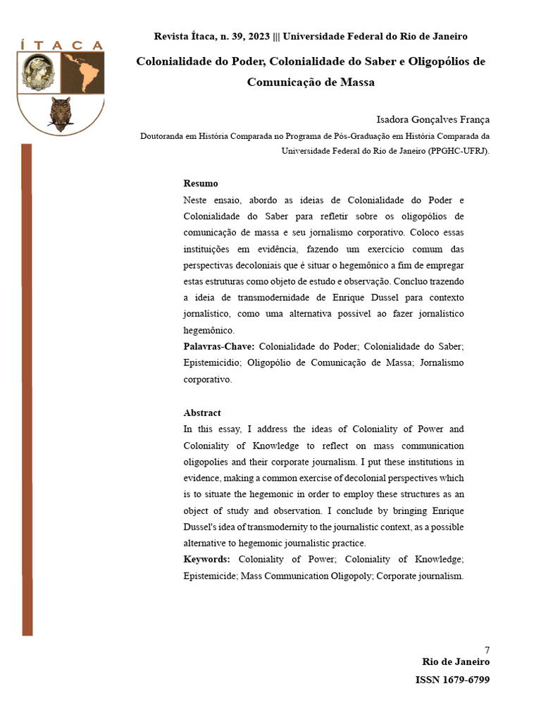 Colonialidade Do Poder, Colonialidade Do Saber e Oligopólios de ...