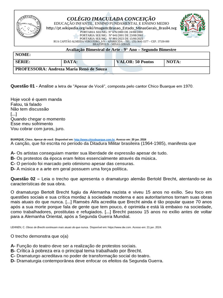 Prova Bimestral Segundo Bim. 9° Ano | PDF