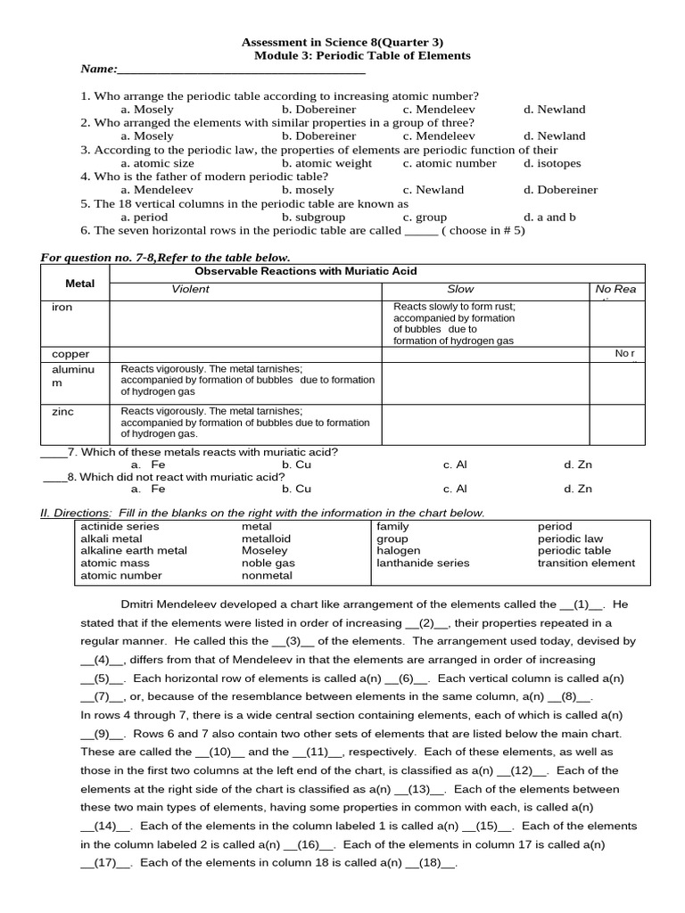 Assessment in Sci8 Q3 Ptable New | PDF