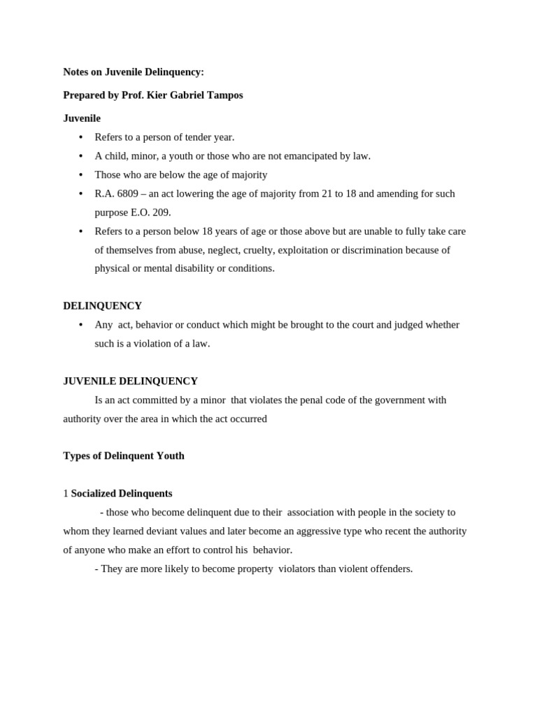 Notes on Juvenile Delinquency | PDF