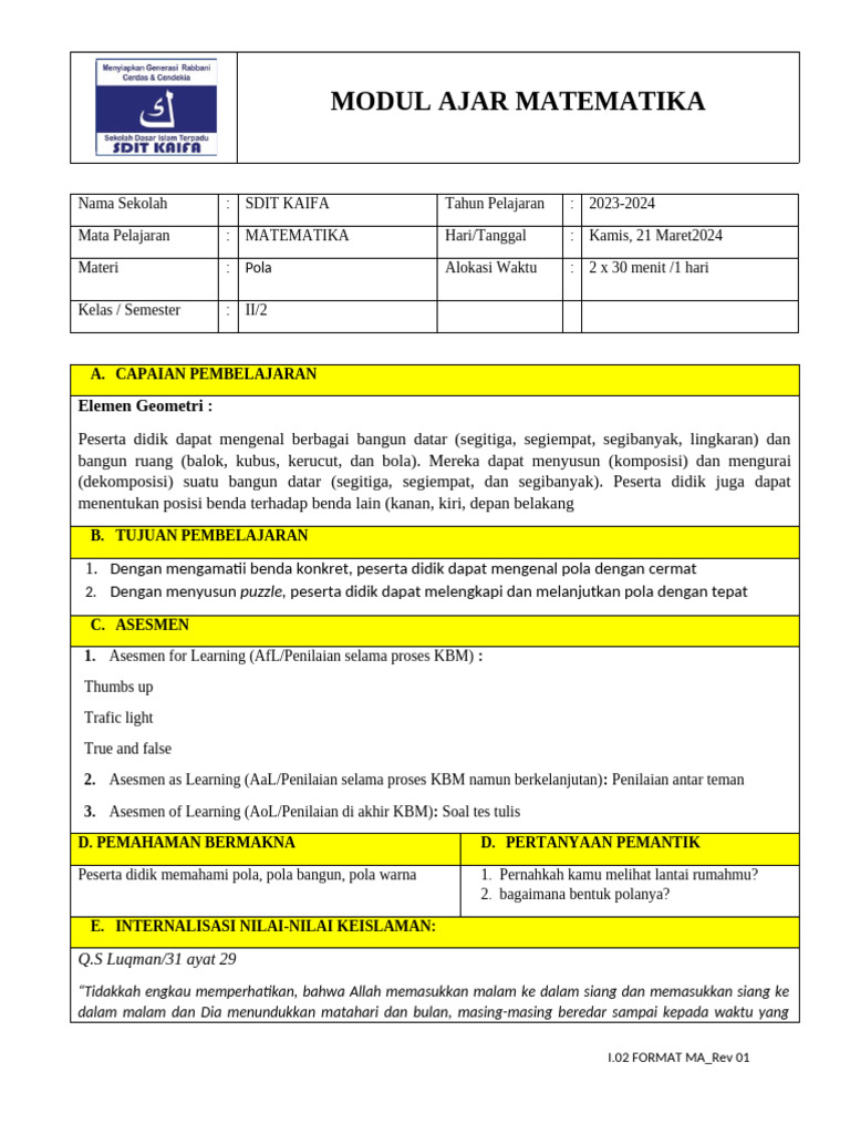 Modul Ajar Supervisi MTK 20 FEB 2024 | PDF