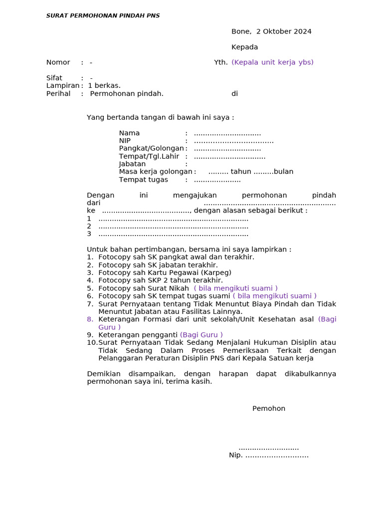 Surat Permohonan Mutasi Pns | PDF