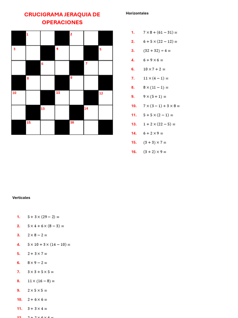 Crucigrama De Jerarquia De Operaciones 1 Pdf