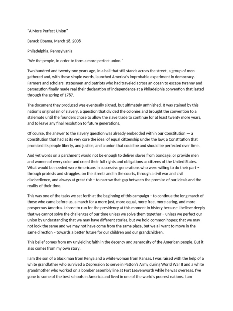 A More Perfect Union Speech | PDF | Slavery | Citizenship