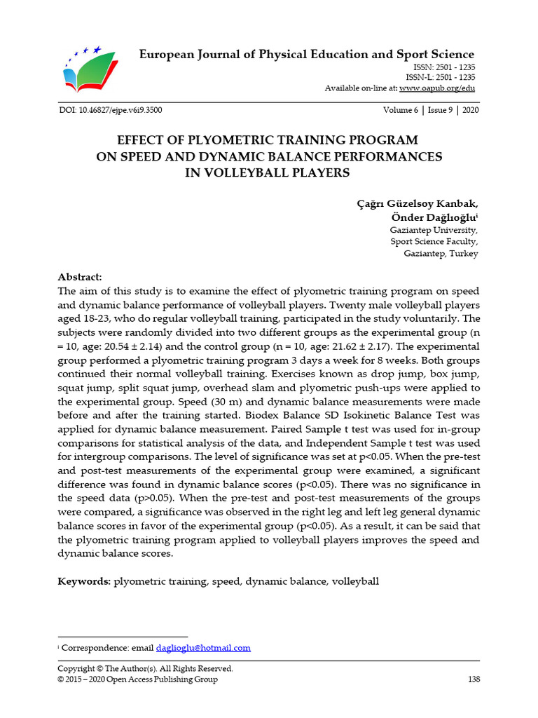 To Improve The Dynamic Balance Plyometric Training Protocal | PDF