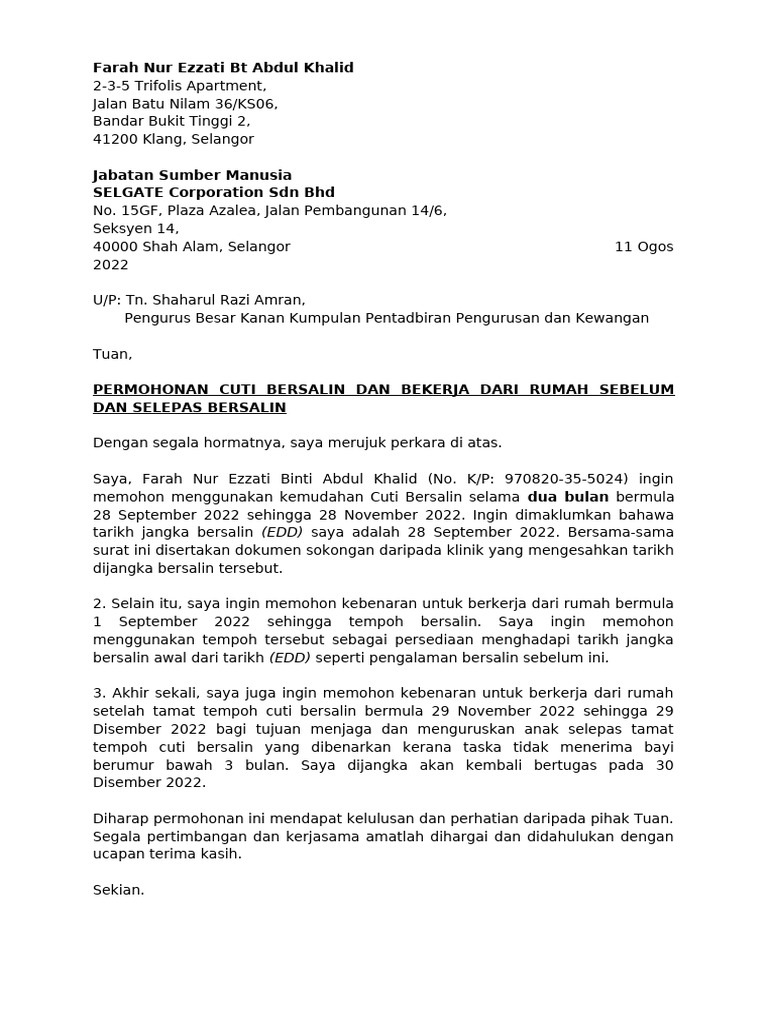 Surat Permohonan Cuti Bersalin - Farah Nur Ezzati | PDF
