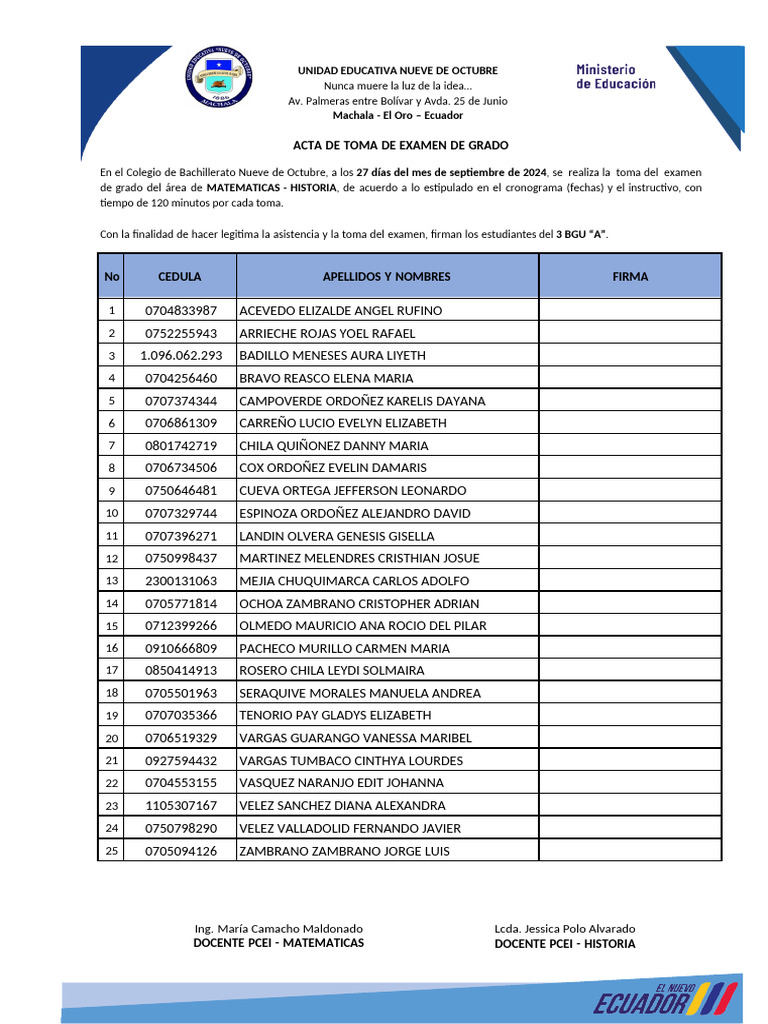 Acta - Examen Mate. - Historia | PDF