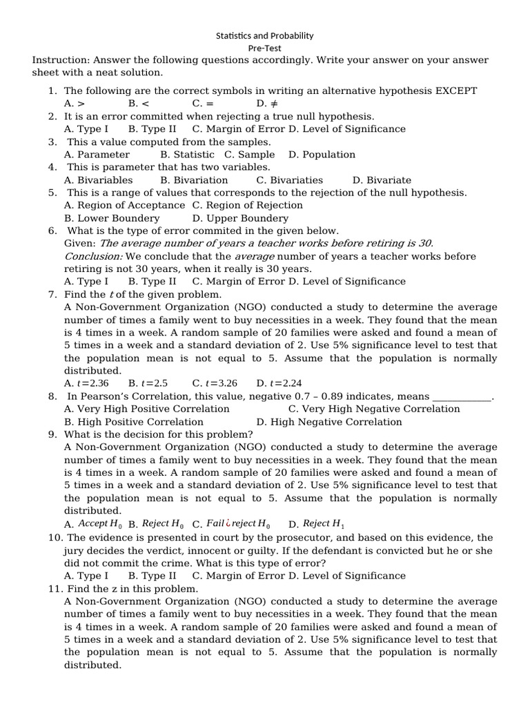 Statistics and Probability - Pre-Test | PDF