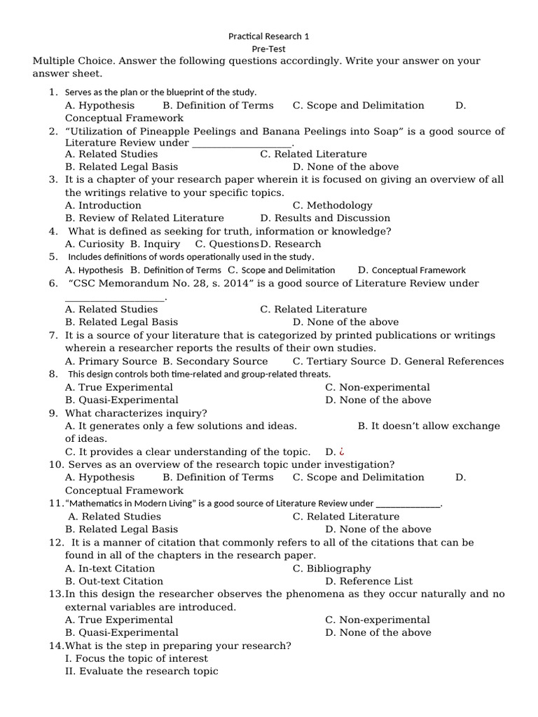Practical Research 1 - Pre-Test | PDF