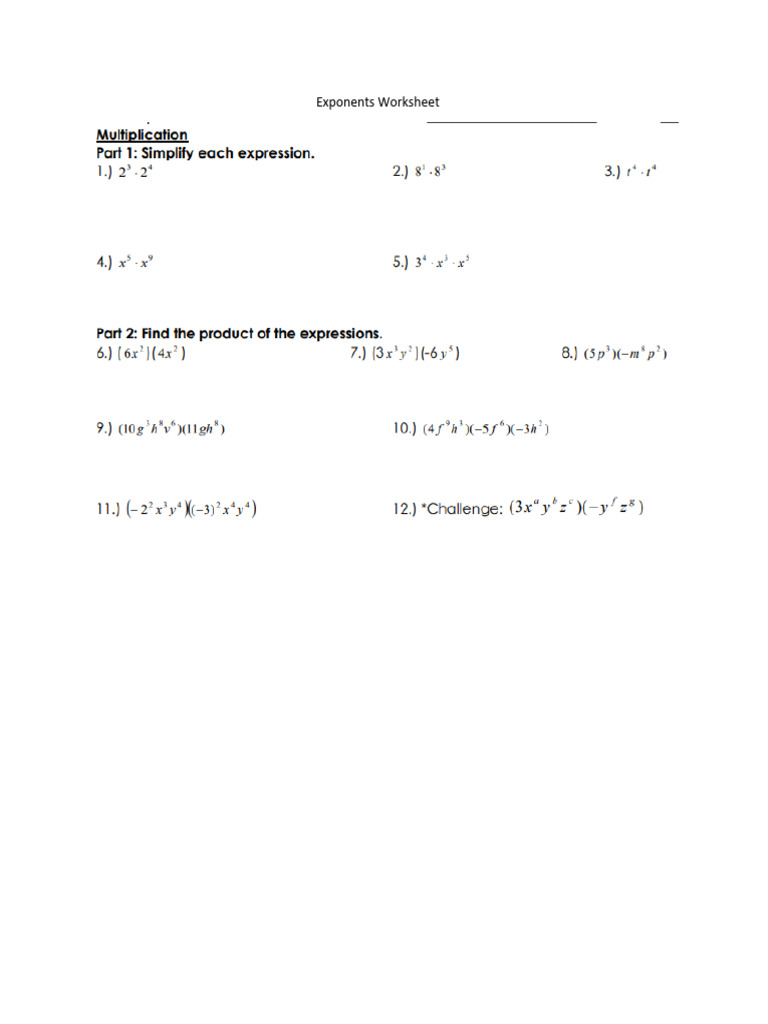Exponents Revision Worksheet | PDF