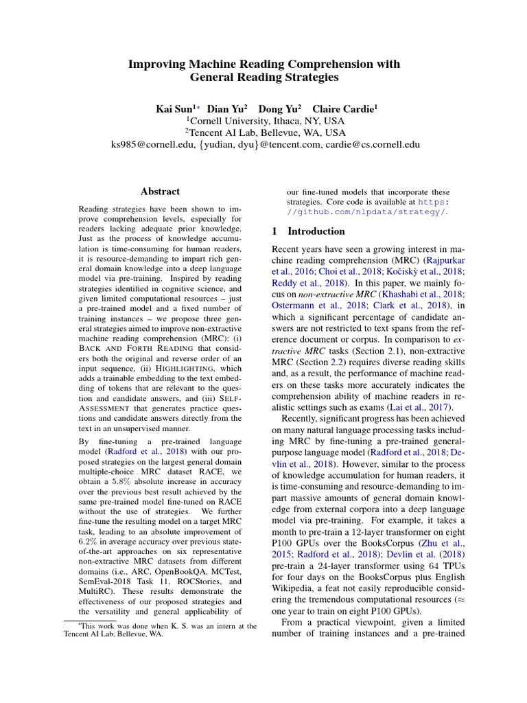 Improving Machine Reading Comprehension With General Reading Strategies | PDF
