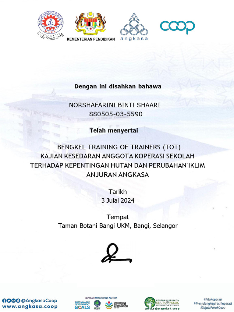 Sijil Penyertaan Norshafarini Binti Shaari Bengkel Tot Pokok Sel | PDF