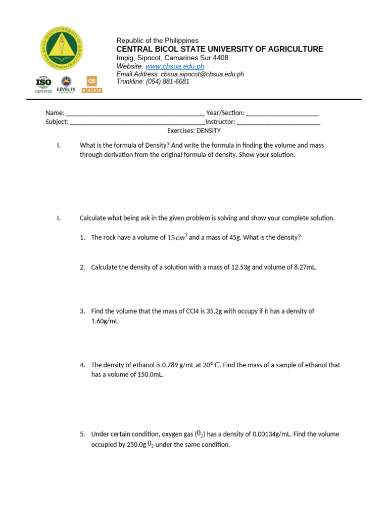 Activity Exercises Density | PDF