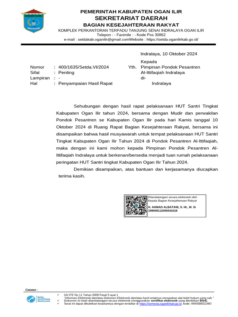 Surat Penyampaian Hasil Rapat | PDF