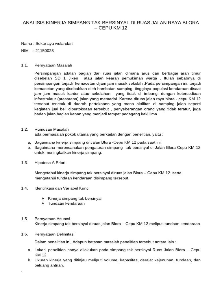 Analisis Kinerja Simpang Tak Bersinyal Di Ruas Jalan Raya Blora | PDF