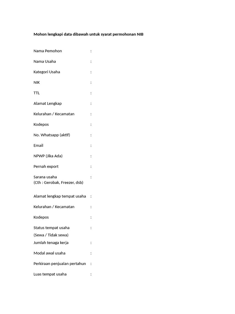 Form Pembuatan NIB | PDF