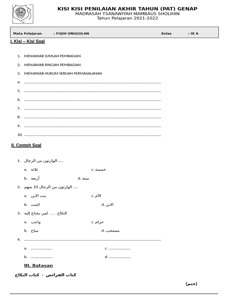 Kisi - Kisi Soal PAT Genap | PDF