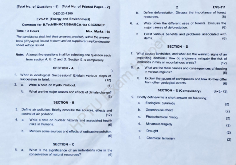 Energy and Environment 1st Semester 2023 Question Paper | PDF