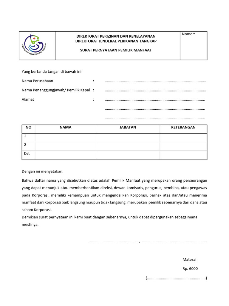 Form SUrat Pernyataan Pemilik Manfaat | PDF