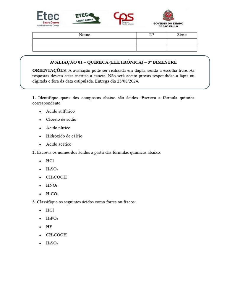 Atividade de Quimica - Eletrônica 03 Bimestre - Prova 1 | PDF