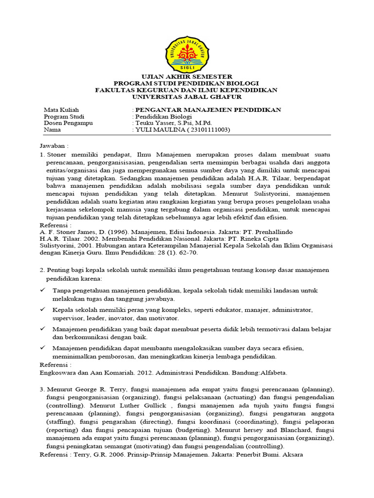 YULI MAULINA (23101111003) SOAL Ujian Akhir Semester Perkembangan Peserta Didik Program Studi ...