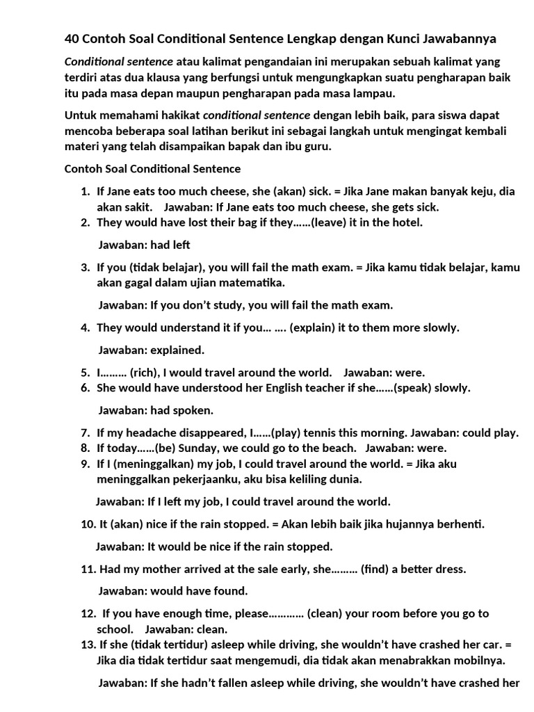 40 Contoh Soal Conditional Sentence Lengkap Dengan Kunci Jawabannya | PDF