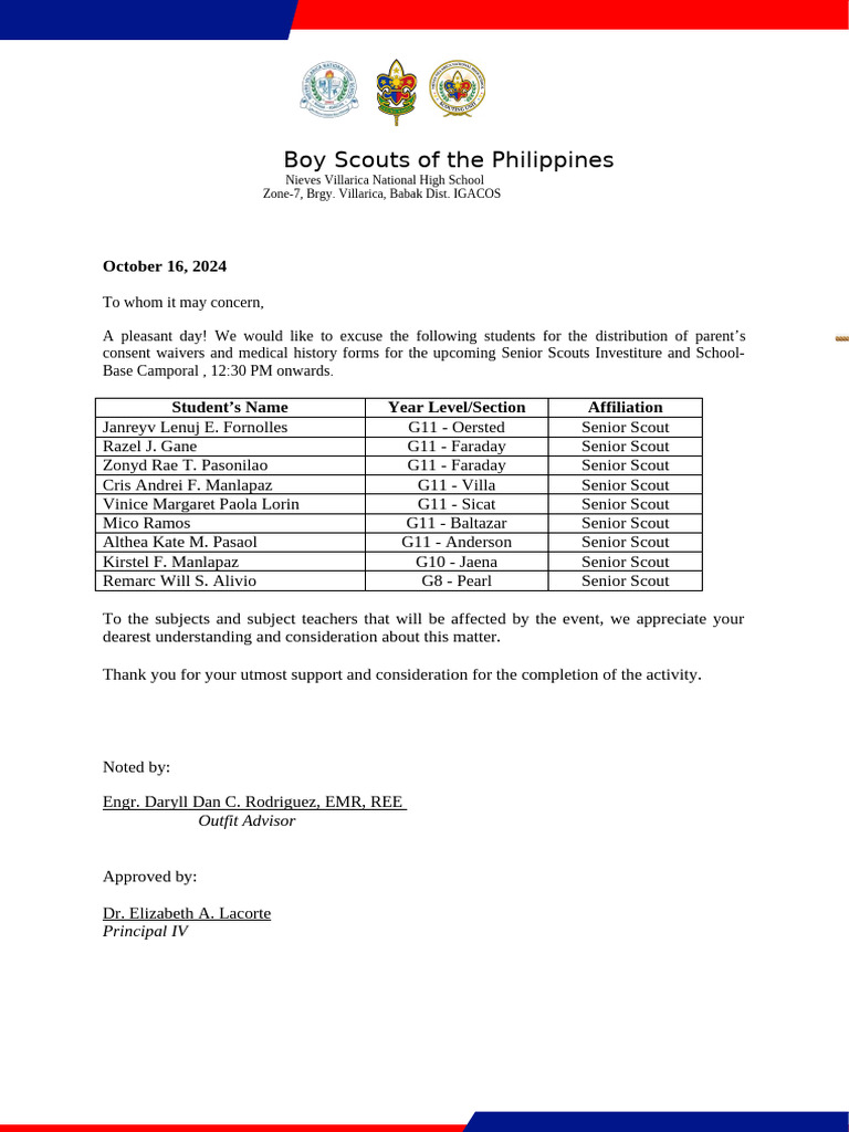 Excuse Letter For Forms Distribution | PDF