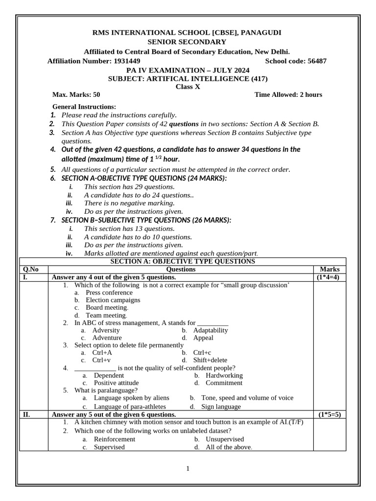 Grade X AI PA IV QP July 2024 | PDF