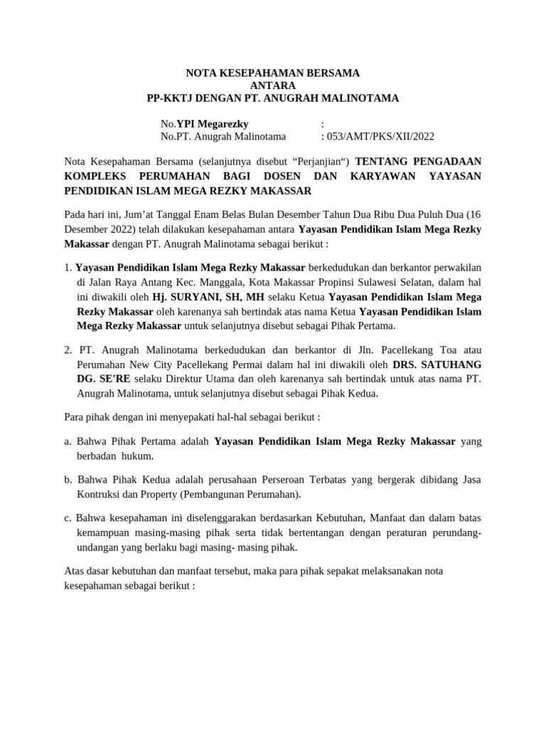 Nota Kesepahaman Bersama Mega Rezky | PDF