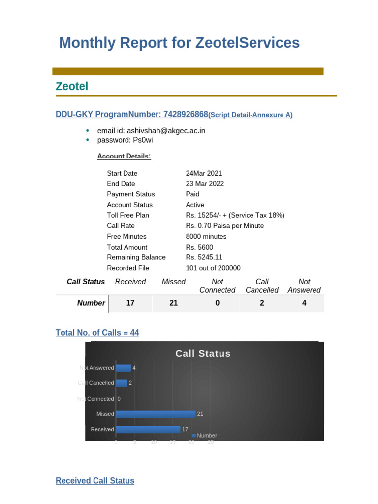 Monthly Report For Zeotel Services | PDF