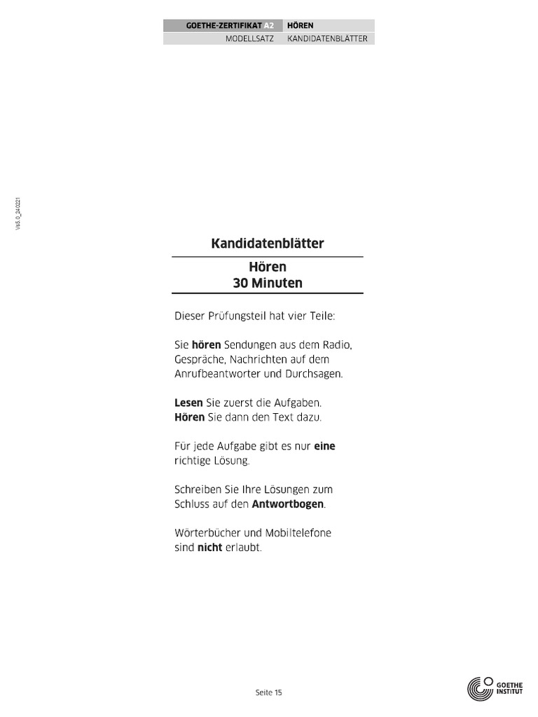 A2 Modellsatz Hörverstehen Aufgaben | PDF