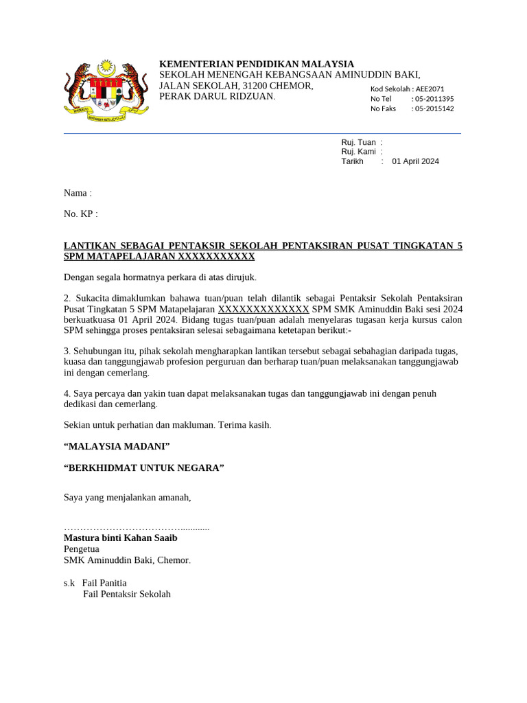 SURAT LANTIKAN PENTAKSIR SEKOLAH - New | PDF