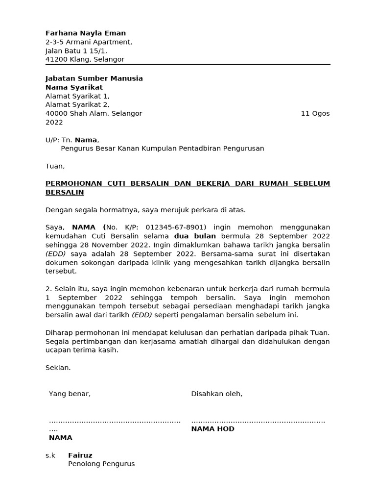 Surat Permohonan Cuti Bersalin | PDF