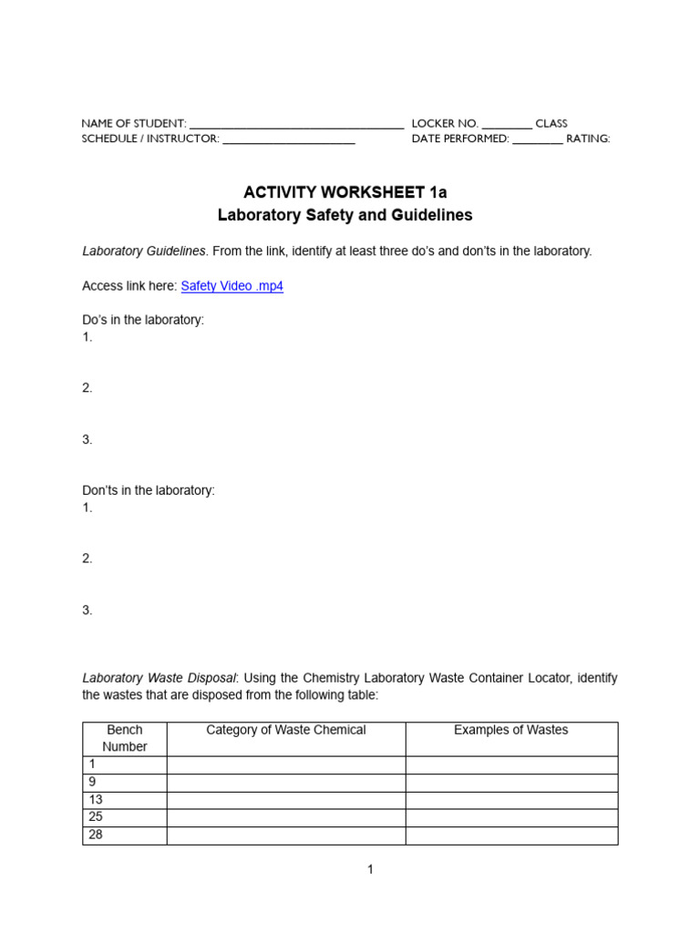 Activity Worksheet 1 Laboratory Safety, Guidelines and Familiarization ...
