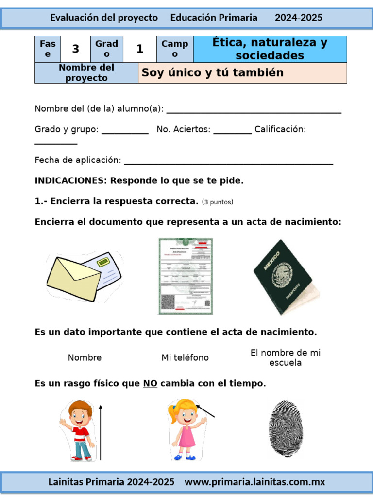 1er Grado Septiembre - Examen 06 Soy Único y Tú También (2024-2025 ...