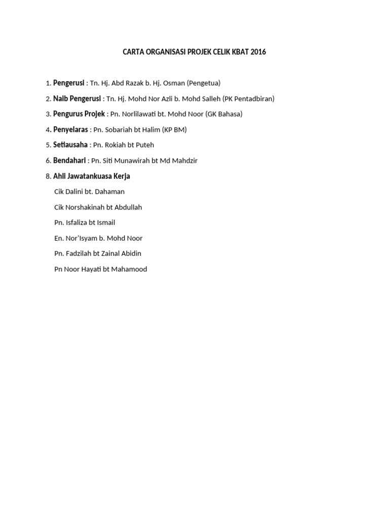 Carta Organisasi Projek Celik Kbat 2016 | PDF