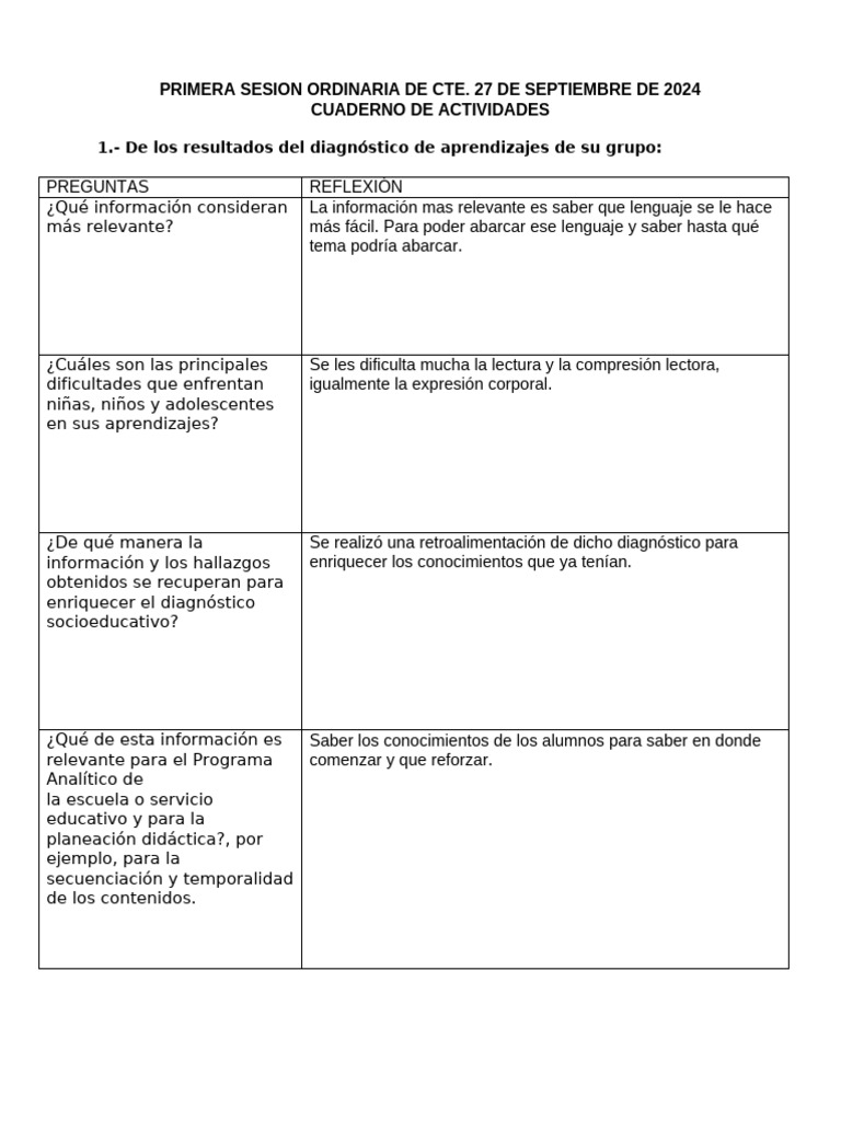Cuaderno De Actividades De La Primera Sesion Ordinaria De Cte 2 Pdf